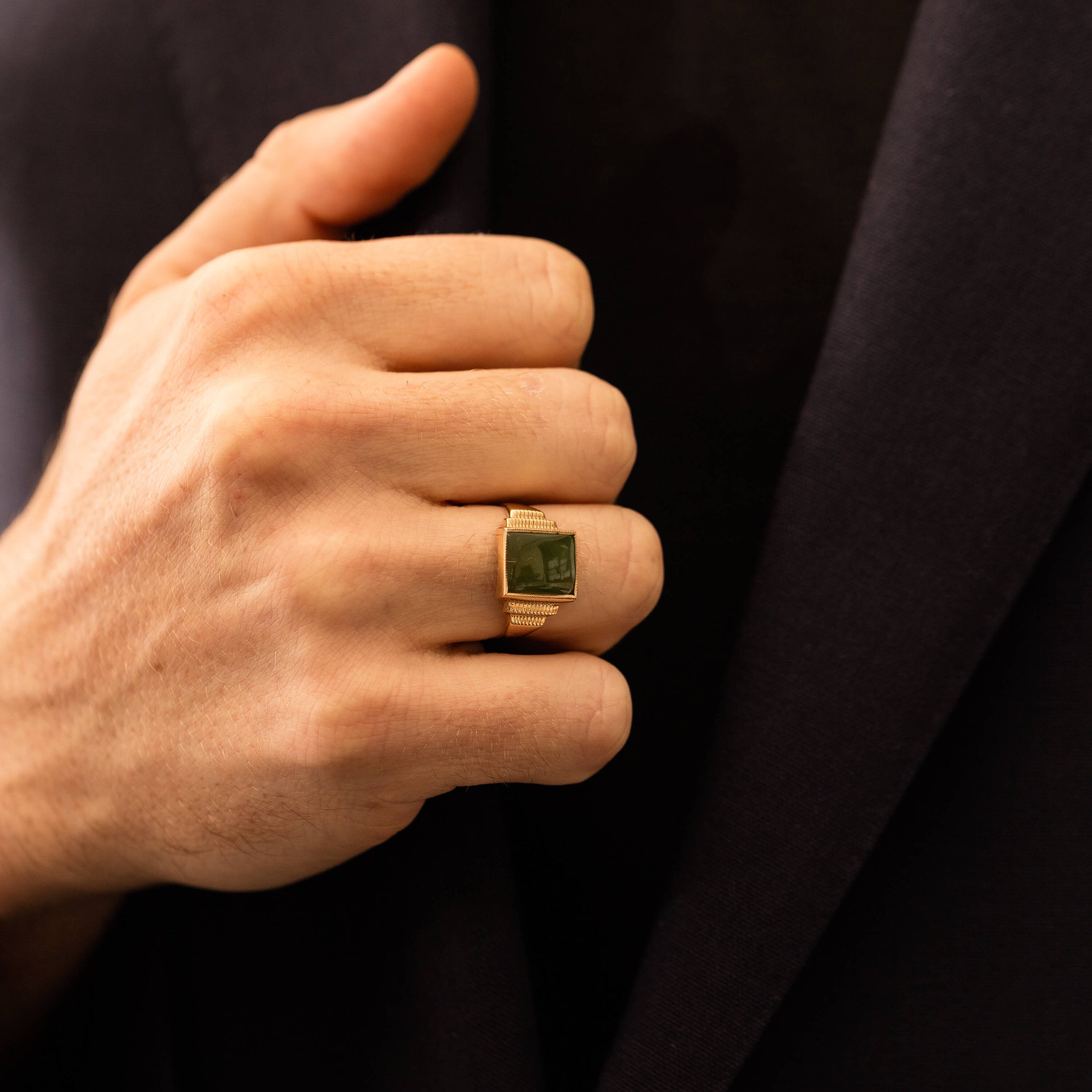 Vintage 9ct Yellow Gold Greenstone Ring - Walker & Hall