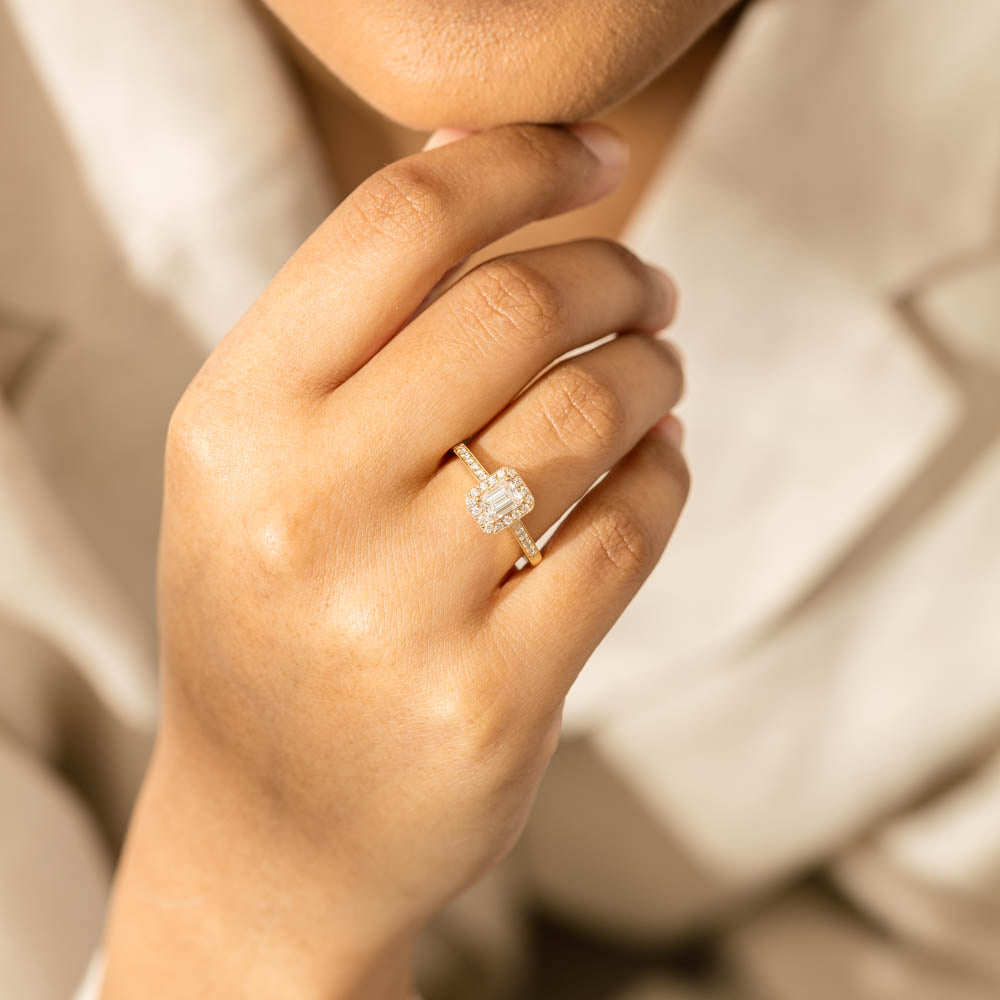 18ct Yellow Gold .50ct Emerald Cut Diamond Aria Ring - Walker & Hall