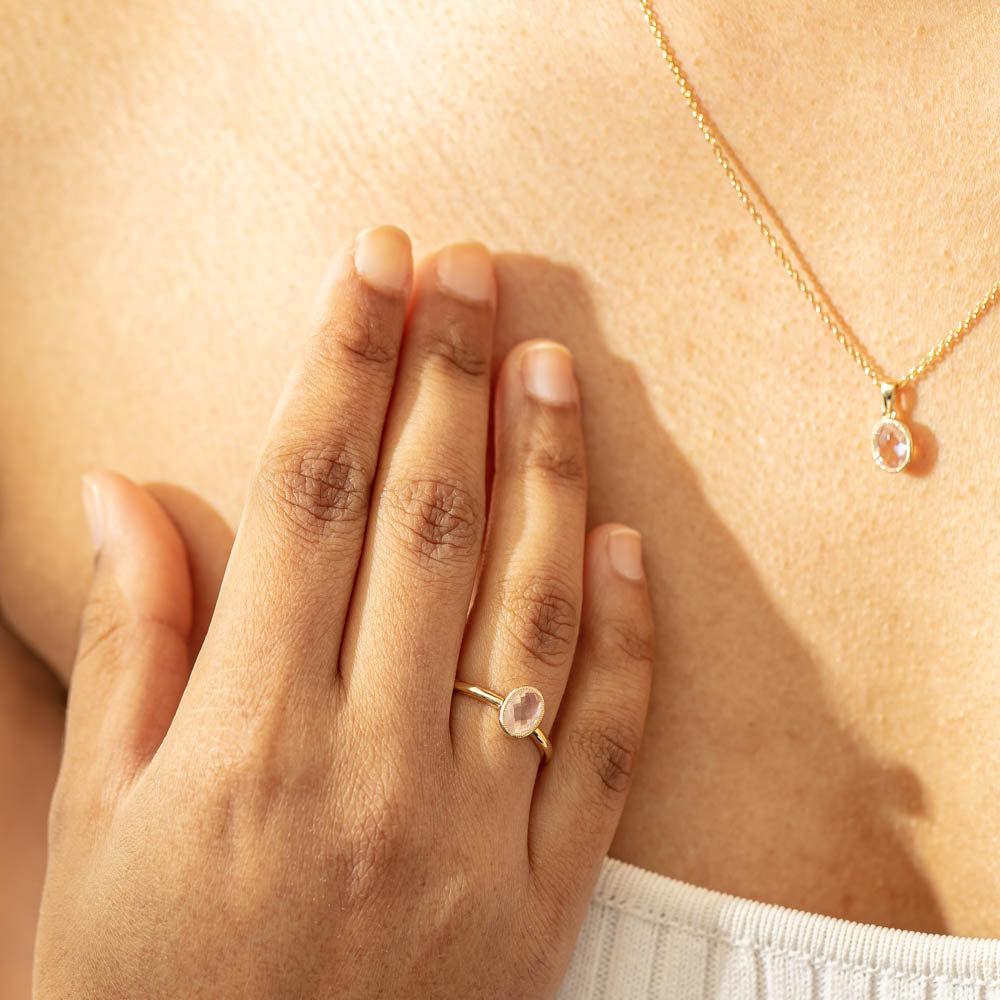 9ct Yellow Gold Rose Quartz Rose Hip Ring - Walker & Hall