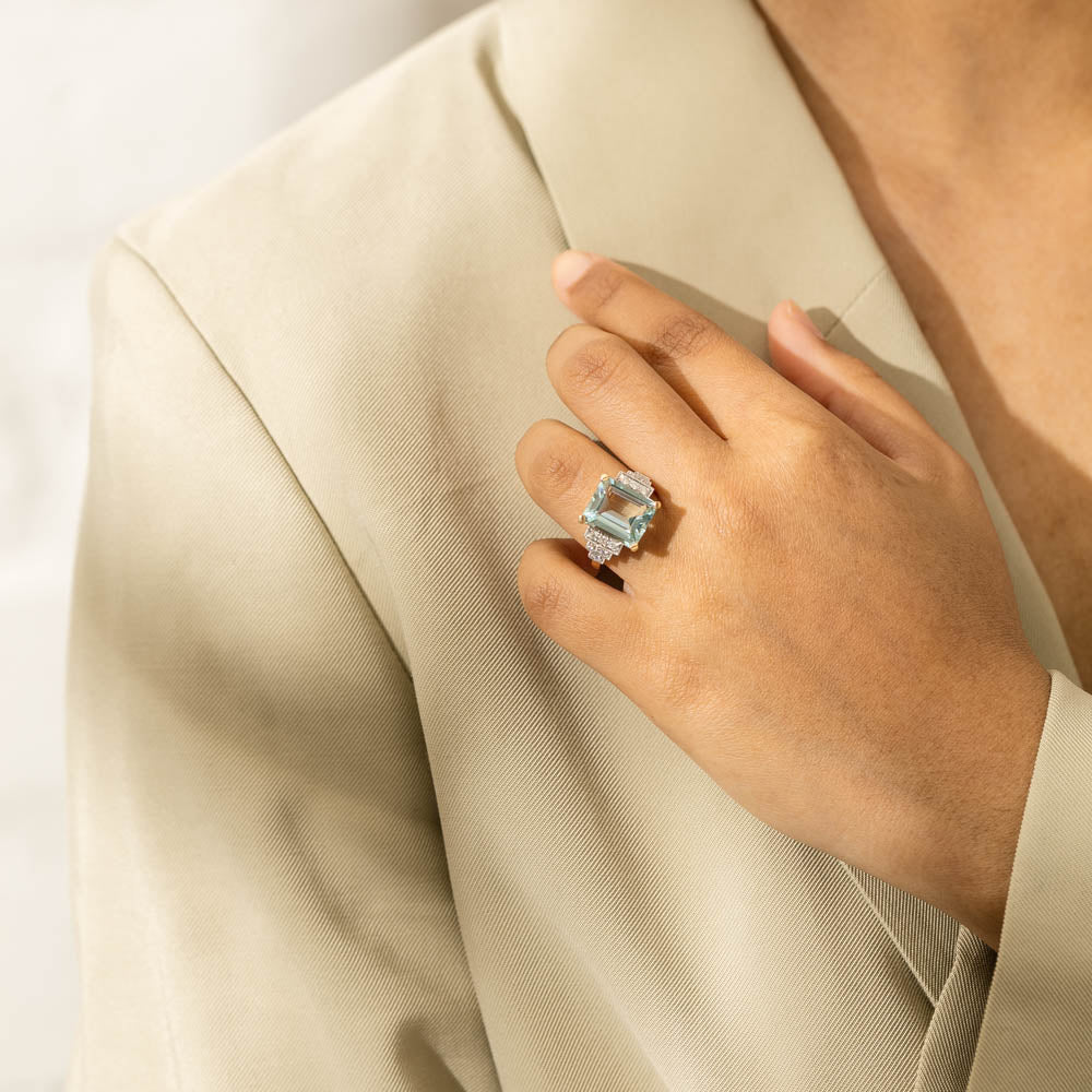 18ct Yellow Gold 5.02ct Aquamarine & Diamond Maya Ring - Walker & Hall